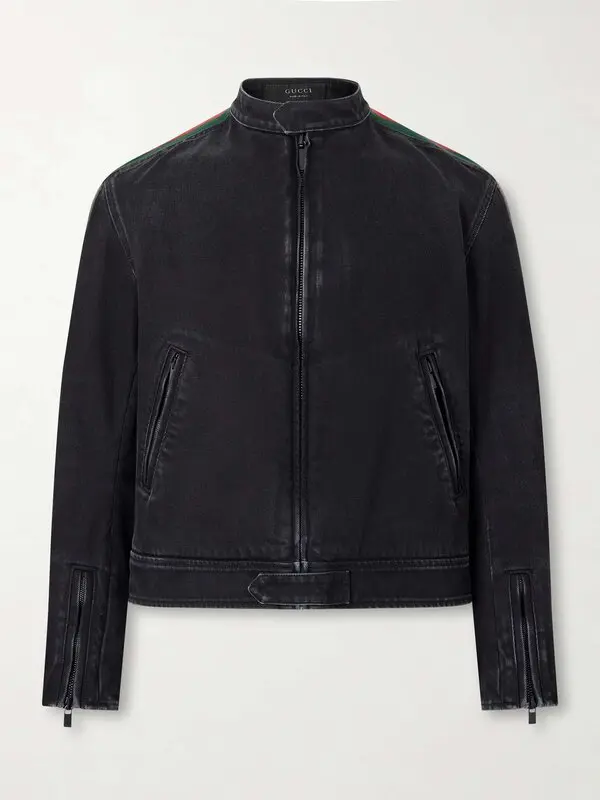 Gucci Webbing-trimmed Denim Biker Jacket - Black