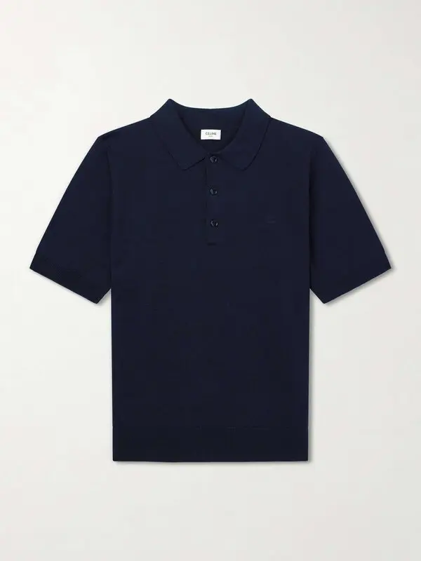 Celine Triomphe-embroidered Knitted Silk And Cotton-blend Polo Shirt - Navy