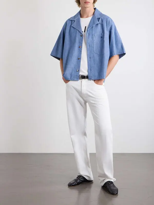 Celine Camp-collar Triomphe-embroidered Denim Shirt