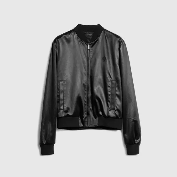 Gucci Cotton Acetate Satin Zip Jacket With Crest Embroidery - Black