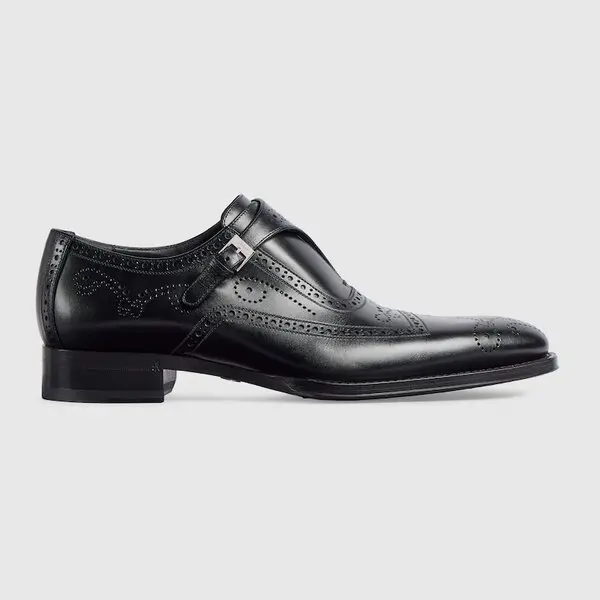 Gucci Leather Monk Strap Shoes With Gg Perforations - Black