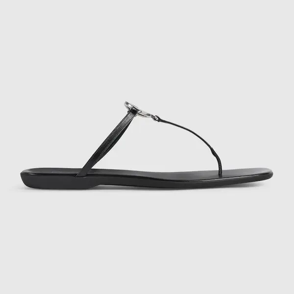 Gucci Leather Thong Sandal With Interlocking G Detail - Black