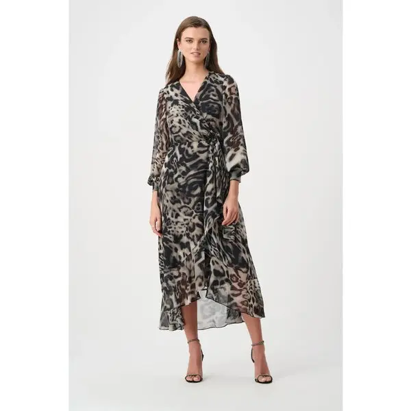 Joseph Ribkoff Chiffon Printed Fit And Flare Wrap Dress - Grey/multi