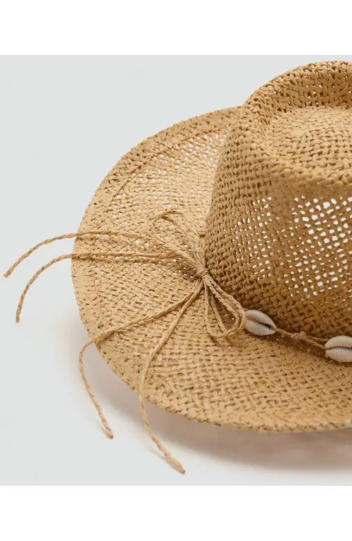 Mango Straw Hat With Shell Embellishments - Beige