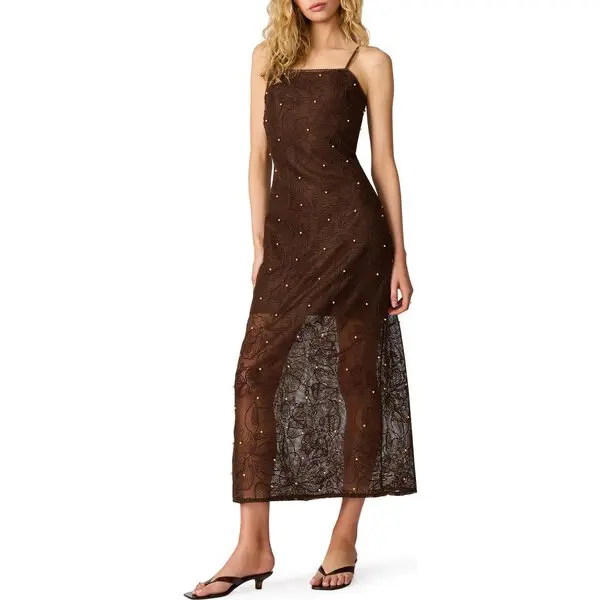 Steve Madden Maureene Bead Detail Floral Mesh Dress - Chicory Coffee