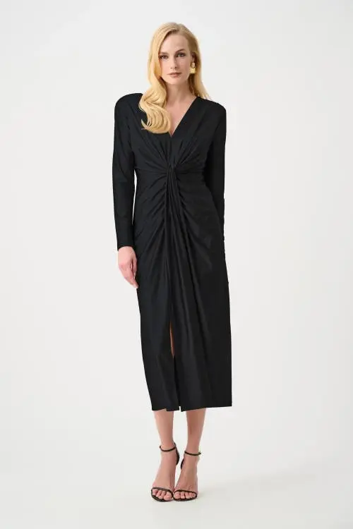 Joseph Ribkoff Satin Effect Knit Draped V-neck Sheath Dress - Black