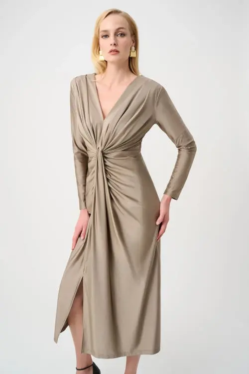 Joseph Ribkoff Satin Effect Knit Draped V-neck Sheath Dress