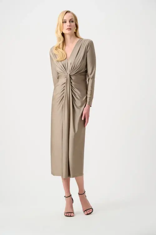 Joseph Ribkoff Satin Effect Knit Draped V-neck Sheath Dress - Tan