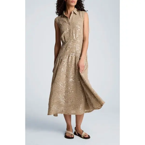 KENNETH COLE Sequin Sleeveless Midi Shirtdress - Soft Cafe
