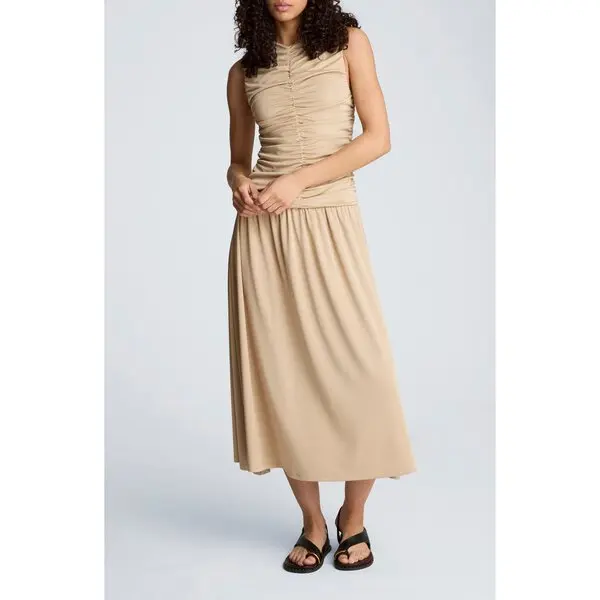 KENNETH COLE Sleeveless Ruched A-line Midi Dress - Burlap