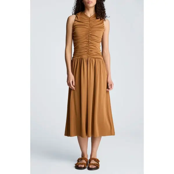 KENNETH COLE Ruched Sleeveless A-line Midi Dress - Soft Cocoa