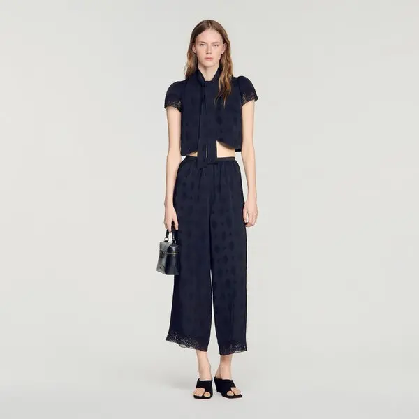 Sandro Fluid Paisley Jacquard Trousers With Lace Detail - Black