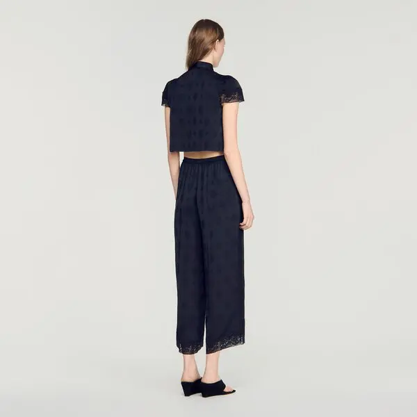 Sandro Fluid Paisley Jacquard Trousers With Lace Detail