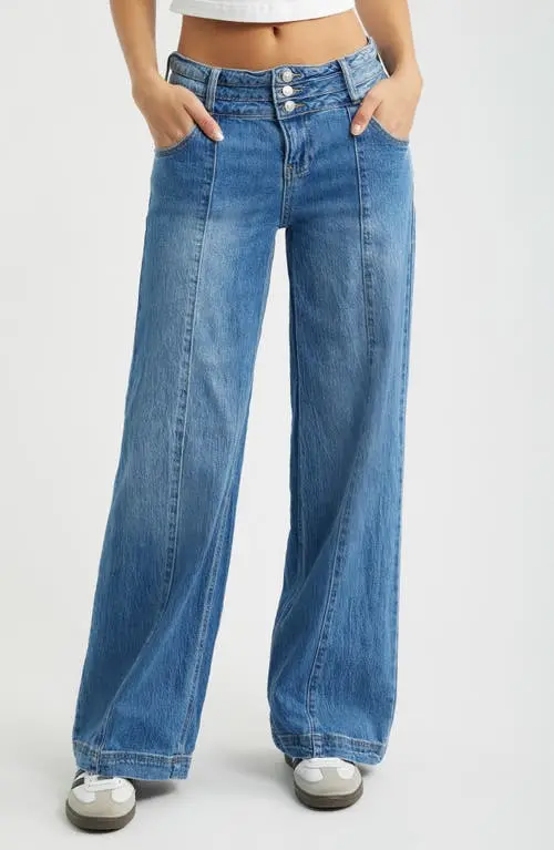 YMI Bella Triple Button Low Rise Wide Leg Jeans - Medium Blue