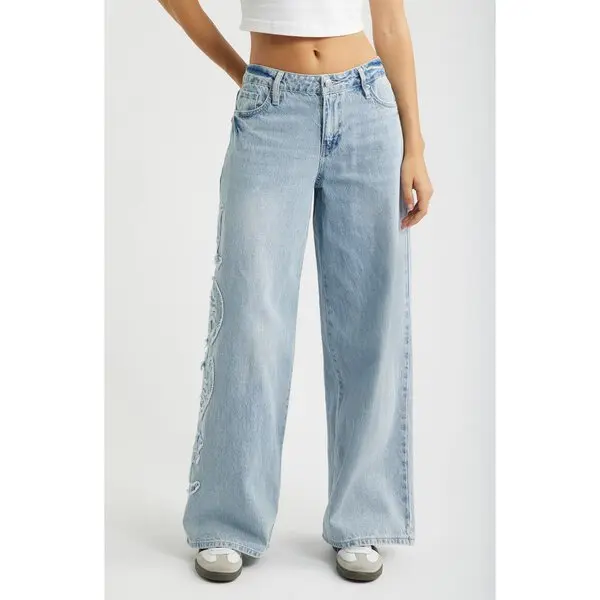 YMI Joey Super Wide Leg Jeans With Love Appliqu - Light Blue