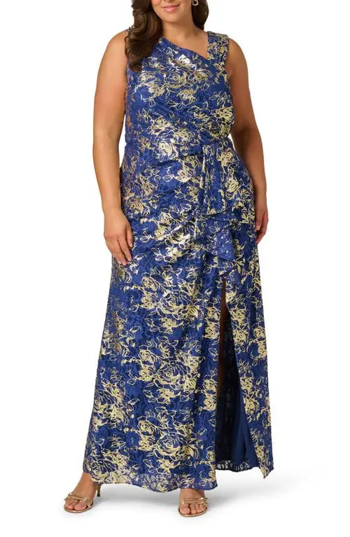 Adrianna Papell Asymmetric Neck Lace Gown - Navy/gold