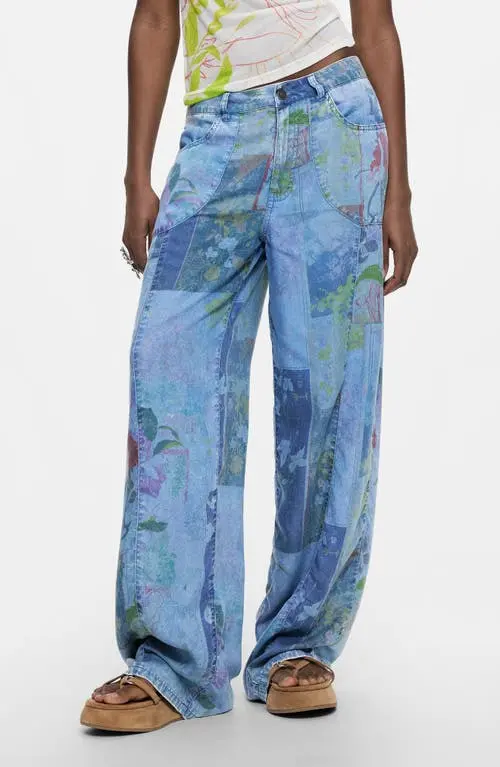 Desigual Mixed Print Denim Pants - Light Blue
