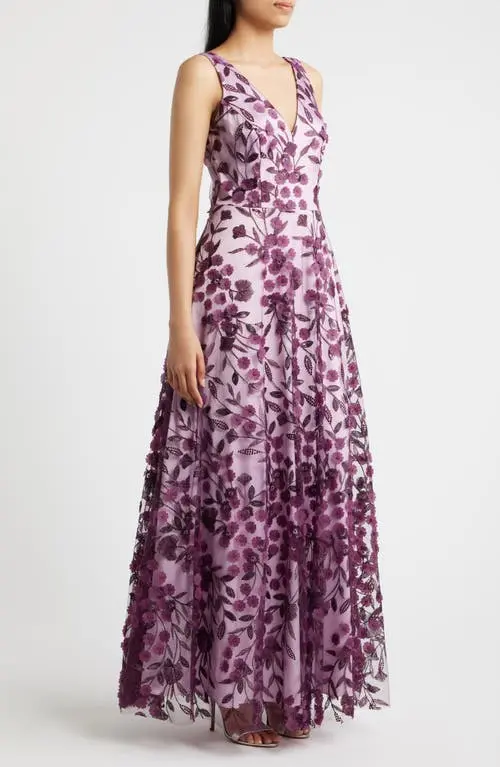Eliza J Sleeveless V-neck Floral Appliqué Gown