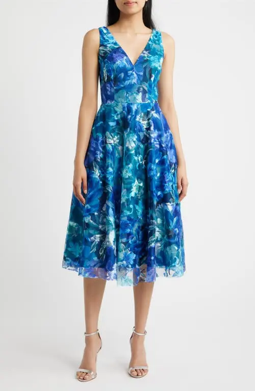 Eliza J Embroidered Sleeveless Fit & Flare Cocktail Dress - Teal