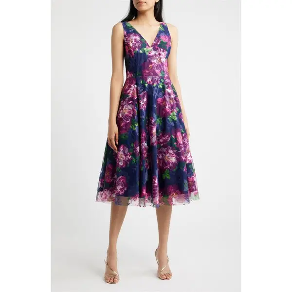 Eliza J Floral Print Sleeveless Fit & Flare Cocktail Dress - Navy Multi