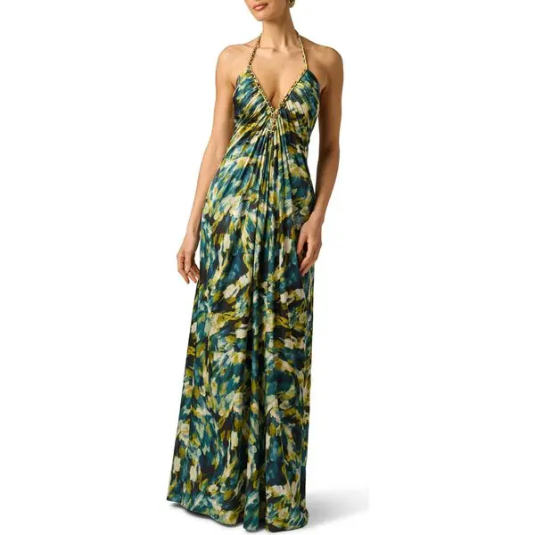 Adrianna Papell Print Halter Satin Gown - Green Multi
