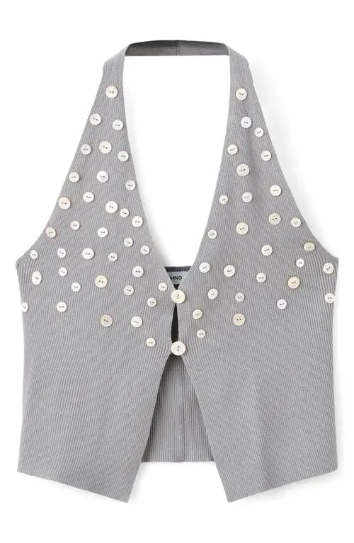 Mango Button Embellished Plunge Neck Halter Tank - Medium Heather Grey