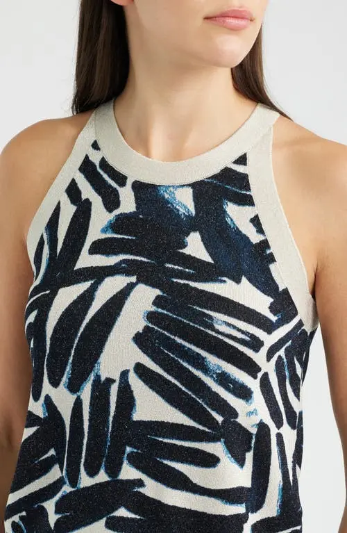 NIC+ZOE Sleeveless Jewel Neck Palm Print Sweater Tank With Metallic Accents