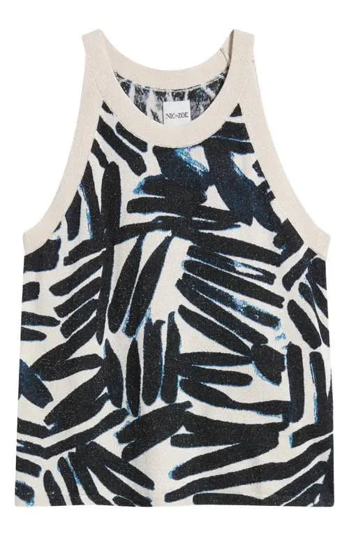 NIC+ZOE Sleeveless Jewel Neck Palm Print Sweater Tank With Metallic Accents