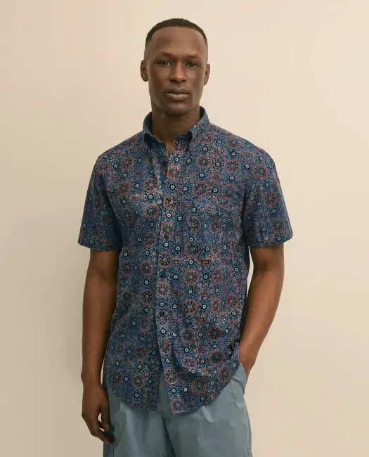 Brooks Brothers Cotton Block Mosaic Print Button-down Collar, Short-sleeve Shirt - Blue