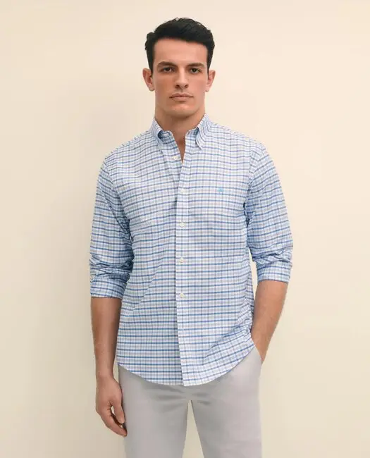 Brooks Brothers Stretch Cotton Non-iron Oxford Polo Button Down Collar, Outline Check Shirt - Blue