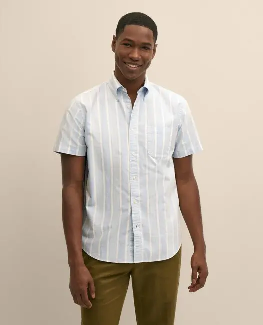Brooks Brothers Friday Shirt, Short-sleeve Oxford Stripe - Hydrangea