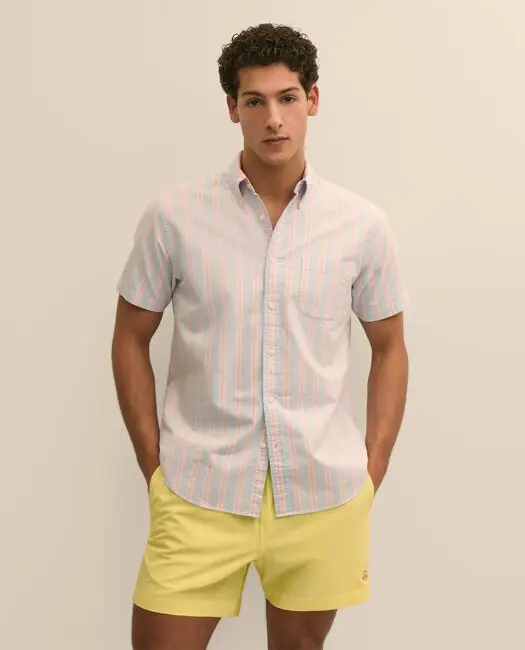 Brooks Brothers Friday Shirt, Short-sleeve Oxford Stripe - Hydrangea