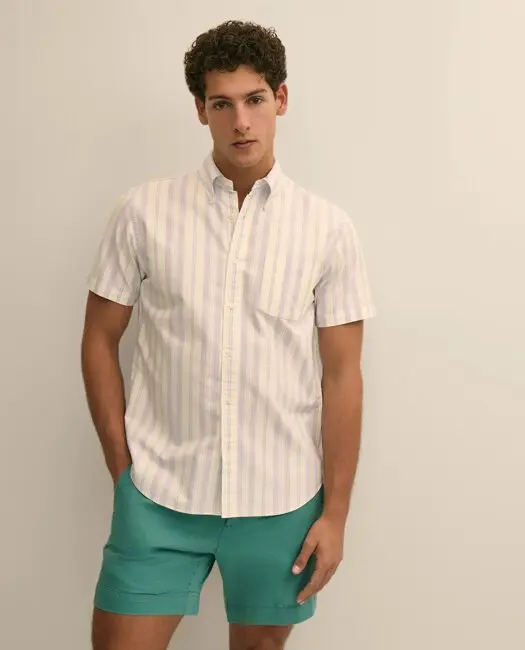 Brooks Brothers Friday Shirt, Short-sleeve Oxford Stripe - Violet
