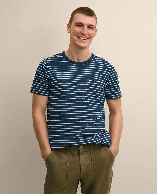 Brooks Brothers S Cotton Mariner Stripe Indigo T-shirt | | Medium - Blue