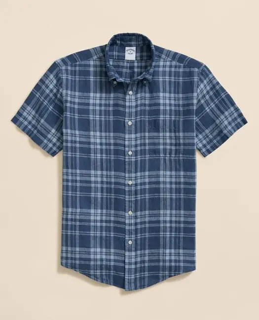 Brooks Brothers Irish Linen Polo Button Down Collar, Plaid Short-sleeve Shirt - Blue