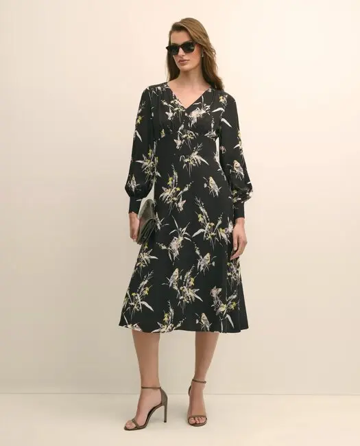 Brooks Brothers Viscose Fit & Flare Bird Print Dress - Black