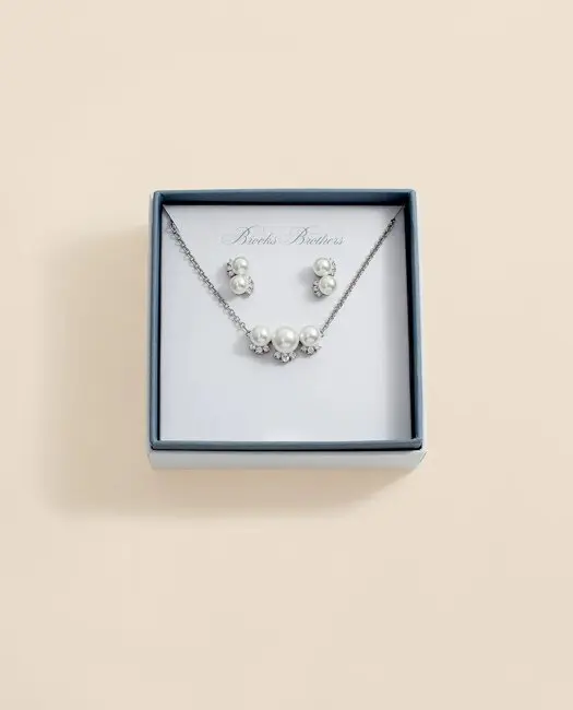 Brooks Brothers S Faux Pearl Cubic-zirconia Cluster Necklace And Earrings Set - Silver
