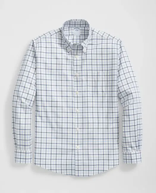 Brooks Brothers Stretch Supima Cotton Non-iron Twill Polo Button Down Collar Windowpane Shirt - Ivory