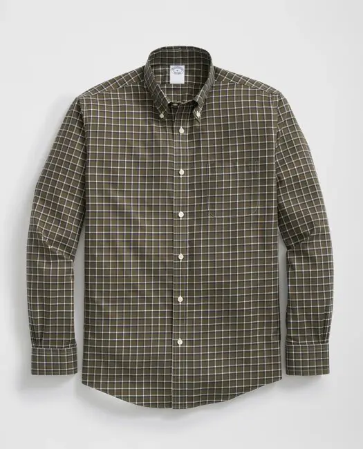 Brooks Brothers Stretch Supima Cotton Non-iron Twill Polo Button Down Collar Windowpane Shirt - Olive