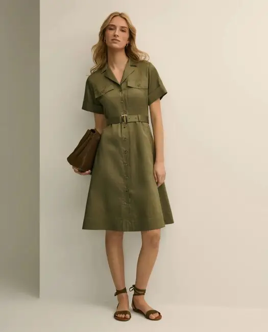 Brooks Brothers S Supima Cotton Belted Safari Shirt Dress - Olive