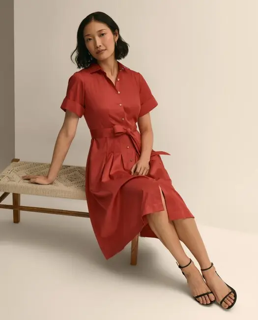Brooks Brothers Cotton Sateen Short-sleeve Belted Shirt Dress - Red