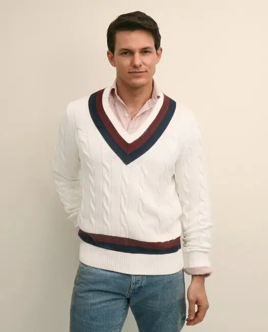 Brooks Brothers Vintage-inspired Tennis V-neck Sweater In Supima Cotton | | Small - Ivory