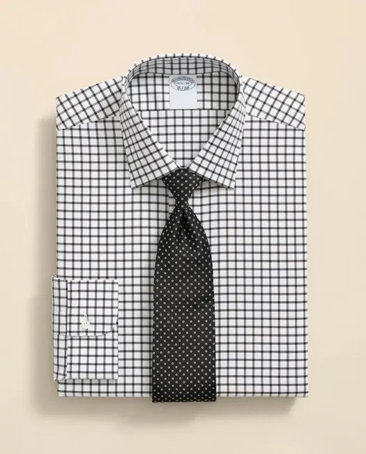 Brooks Brothers Stretch Supima Cotton Non-iron Twill Ainsley Collar, Windowpane Dress Shirt - Black