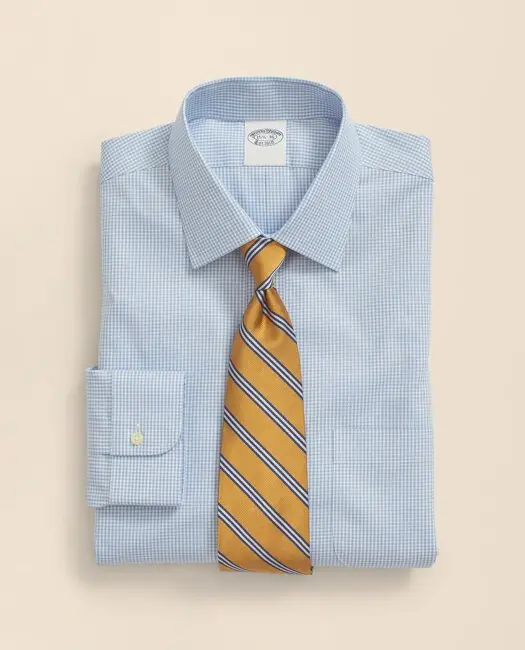 Brooks Brothers Stretch Supima Cotton Non-iron Pinpoint Oxford Ainsley Collar, Gingham Dress Shirt - Light Blue