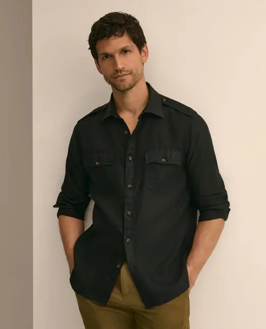 Brooks Brothers Linen Military Sport Shirt | | Small - Black