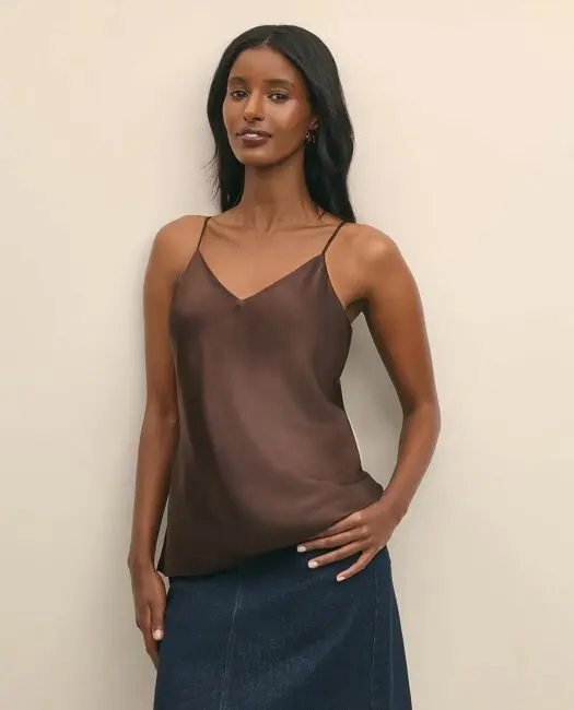 Brooks Brothers V-neck Cami In Washable Silk Charmeuse - Brown