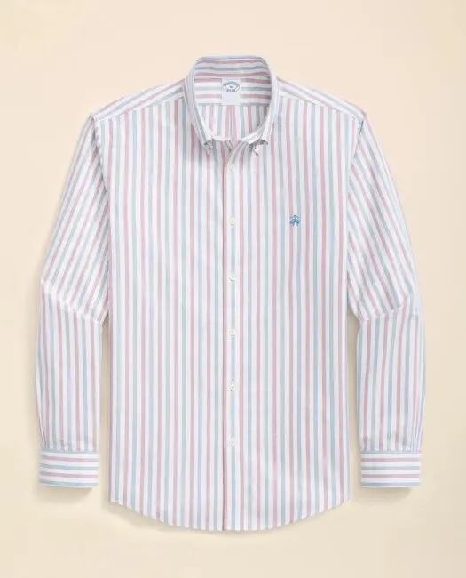 Brooks Brothers Stretch Cotton Non-iron Oxford Polo Button Down Collar, Outline Stripe Shirt - Red