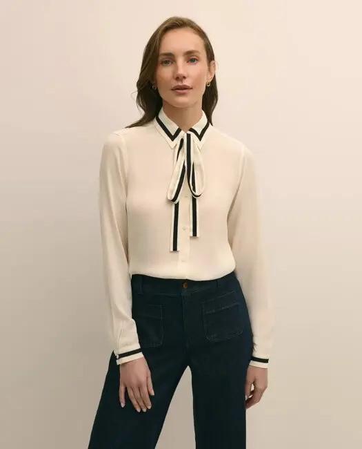 Brooks Brothers S Viscose Contrast Tie-neck Blouse - Marshmallow