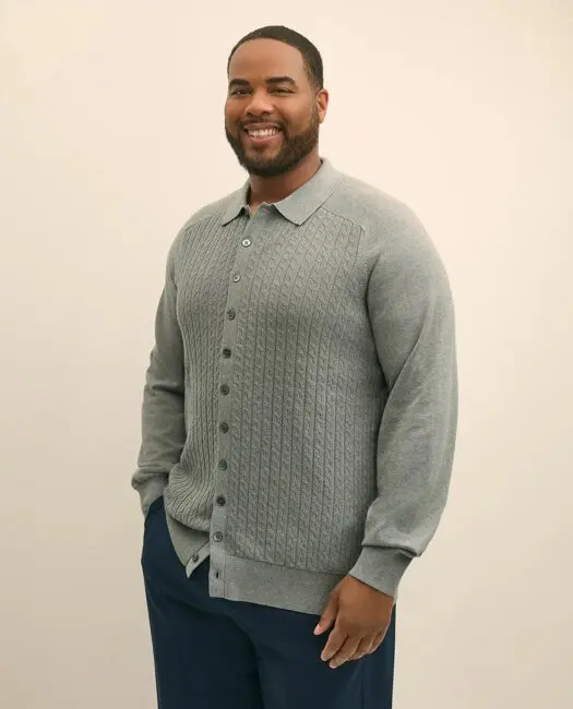 Brooks Brothers Mini-cable Knit Polo Cardigan, Big & Tall - Grey