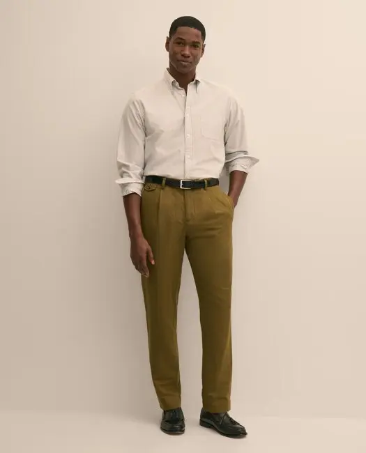 Brooks Brothers Pleated Linen-cotton Pants - Olive